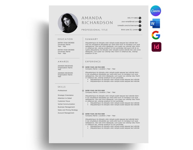Professional Resume Template With Photo for Word, Google Docs, Canva ...
