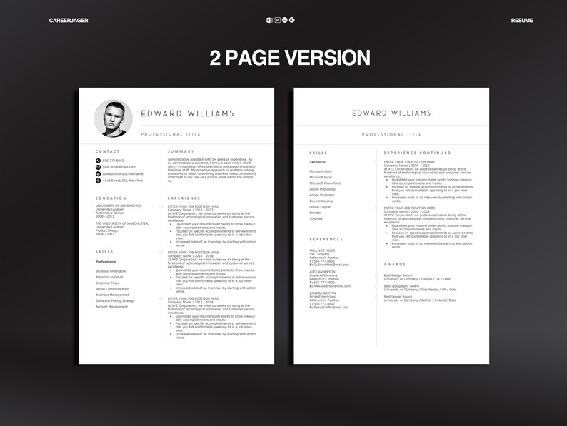 Professional Resume Template With Photo Headshot Word Google Docs Canva ...