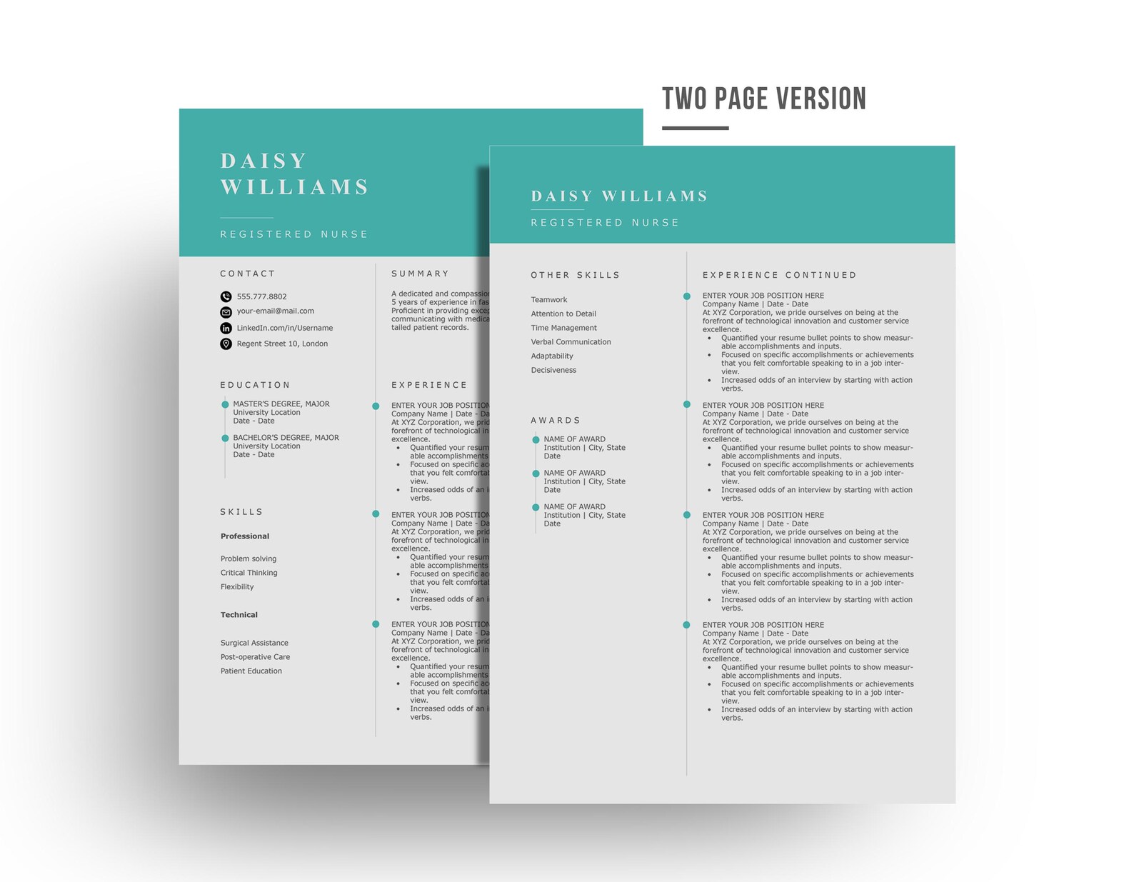 Editable Nurse Resume Template | Indesign, Word, Google Docs, Canva ...