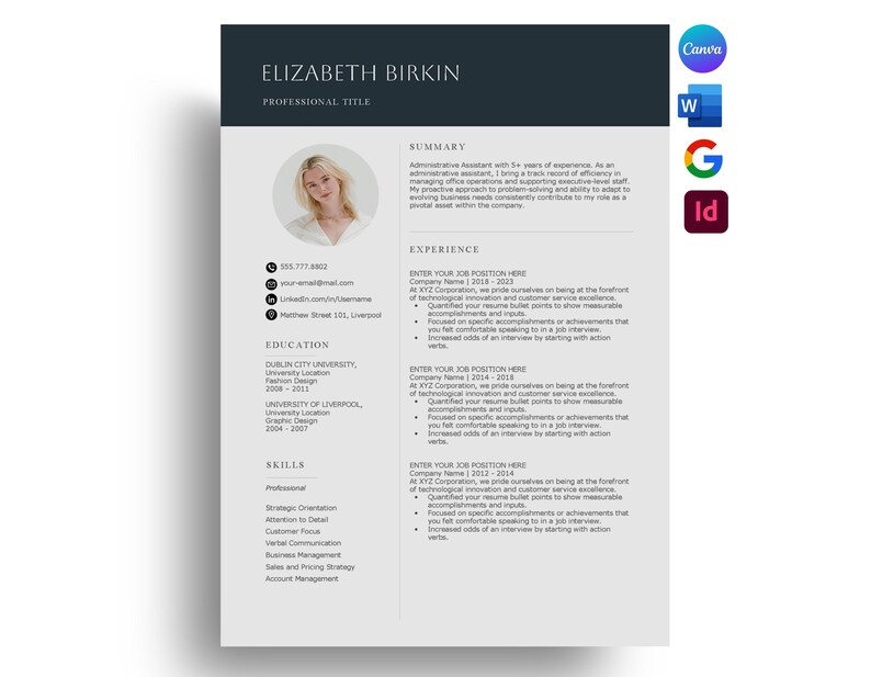 Professional Resume With Photo Template | Word, Google Docs, Canva ...