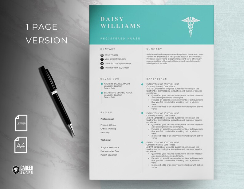 Editable Nurse Resume Template | Indesign, Word, Google Docs, Canva ...
