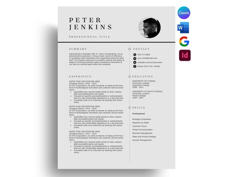 Professional Resume Template With Photo for Word, Google Docs, Canva ...