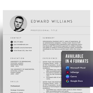 Professional Resume Template With Photo for Word, Google Docs, Canva ...