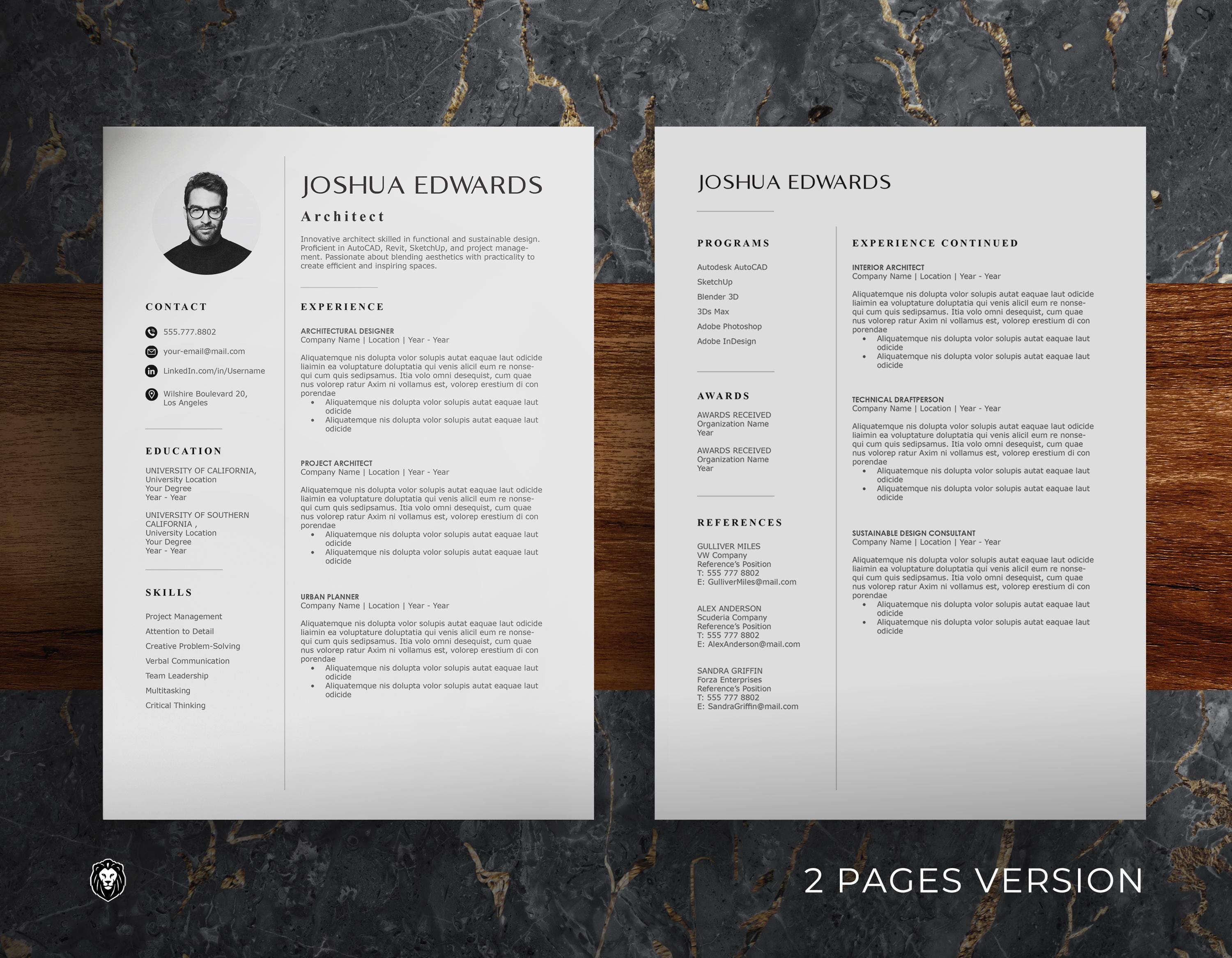 Architect Resume Template: Modern CV for Word, Indesign, Canva, Docs ...