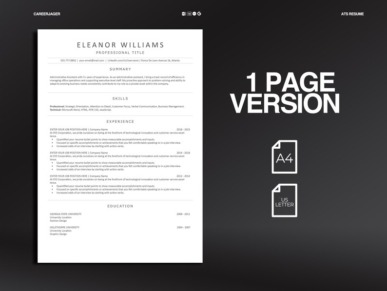 ATS Resume Template for Word, Canva, Indesign, Google Docs | Modern ...