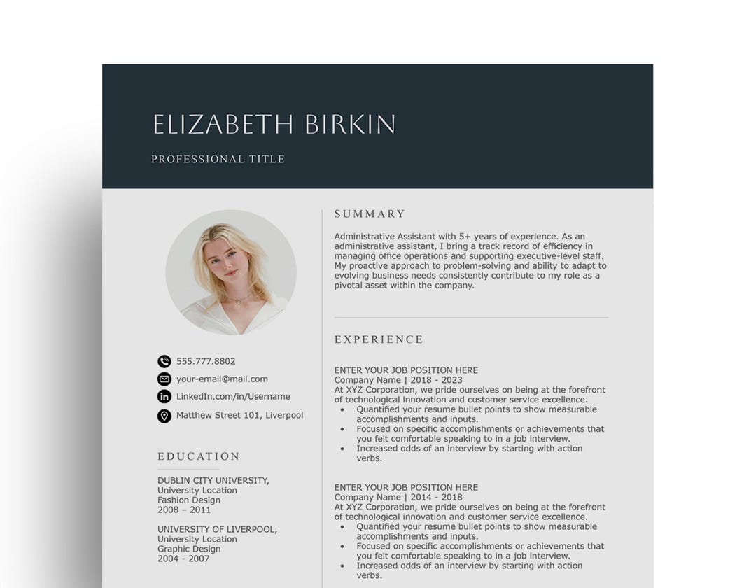 Professional Resume With Photo Template | Word, Google Docs, Canva ...