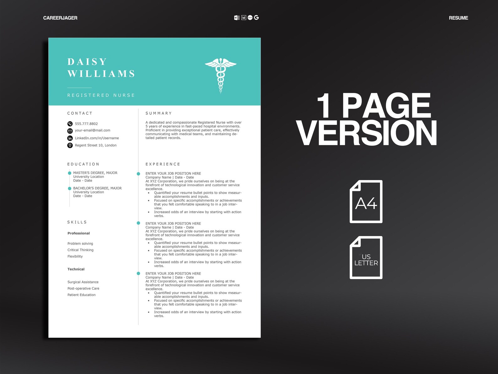 Nurse Resume Template Word Canva Google Docs Indesign | RN CV Template ...