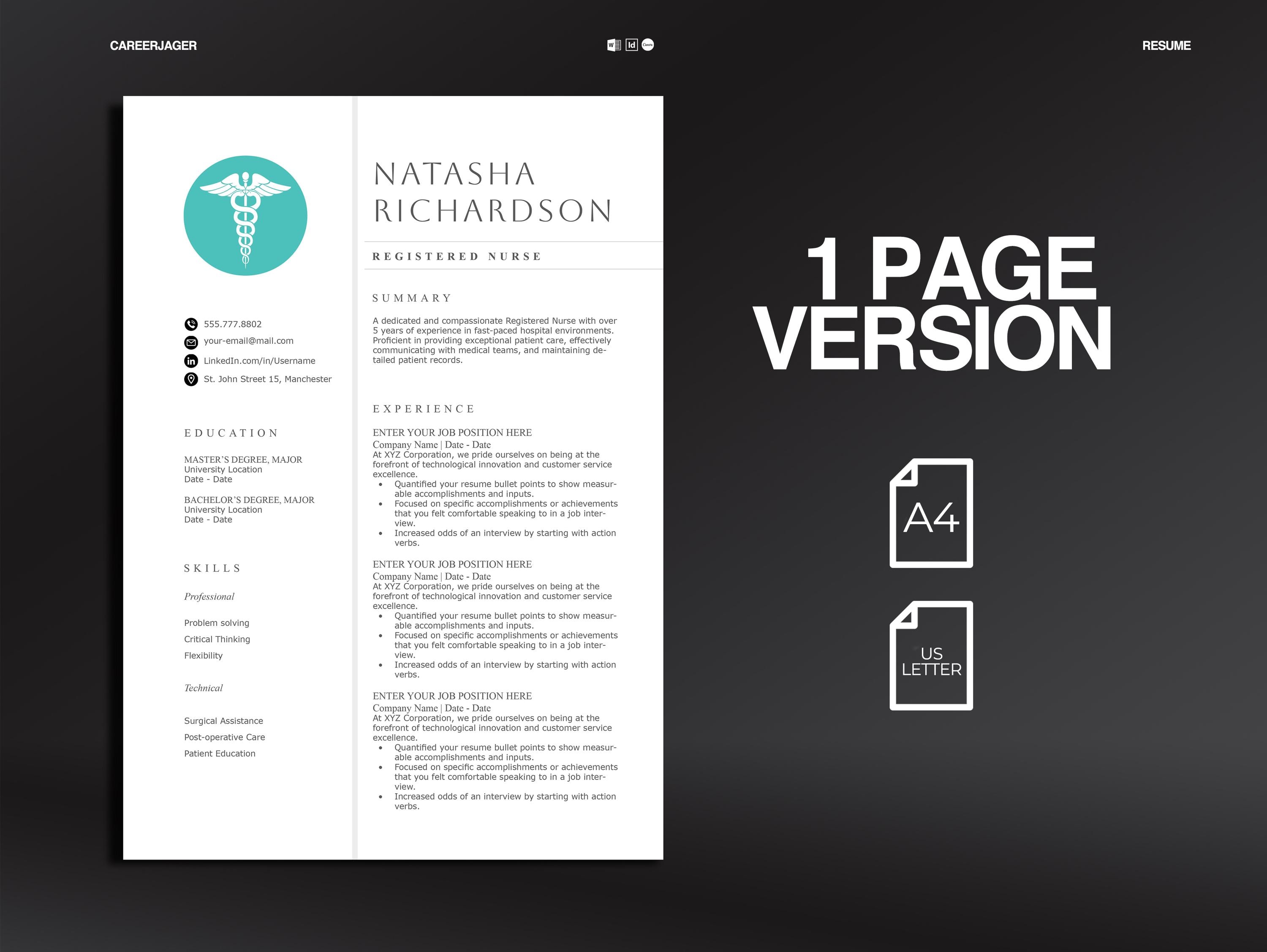 Modern Nurse Resume Template | Indesign, Word, Canva | Editable ...