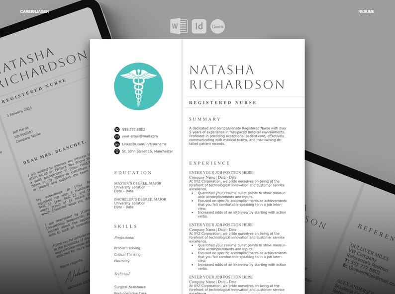 Registered Nurse Resume Template, Modern CV for Word, Canva, Indesign ...