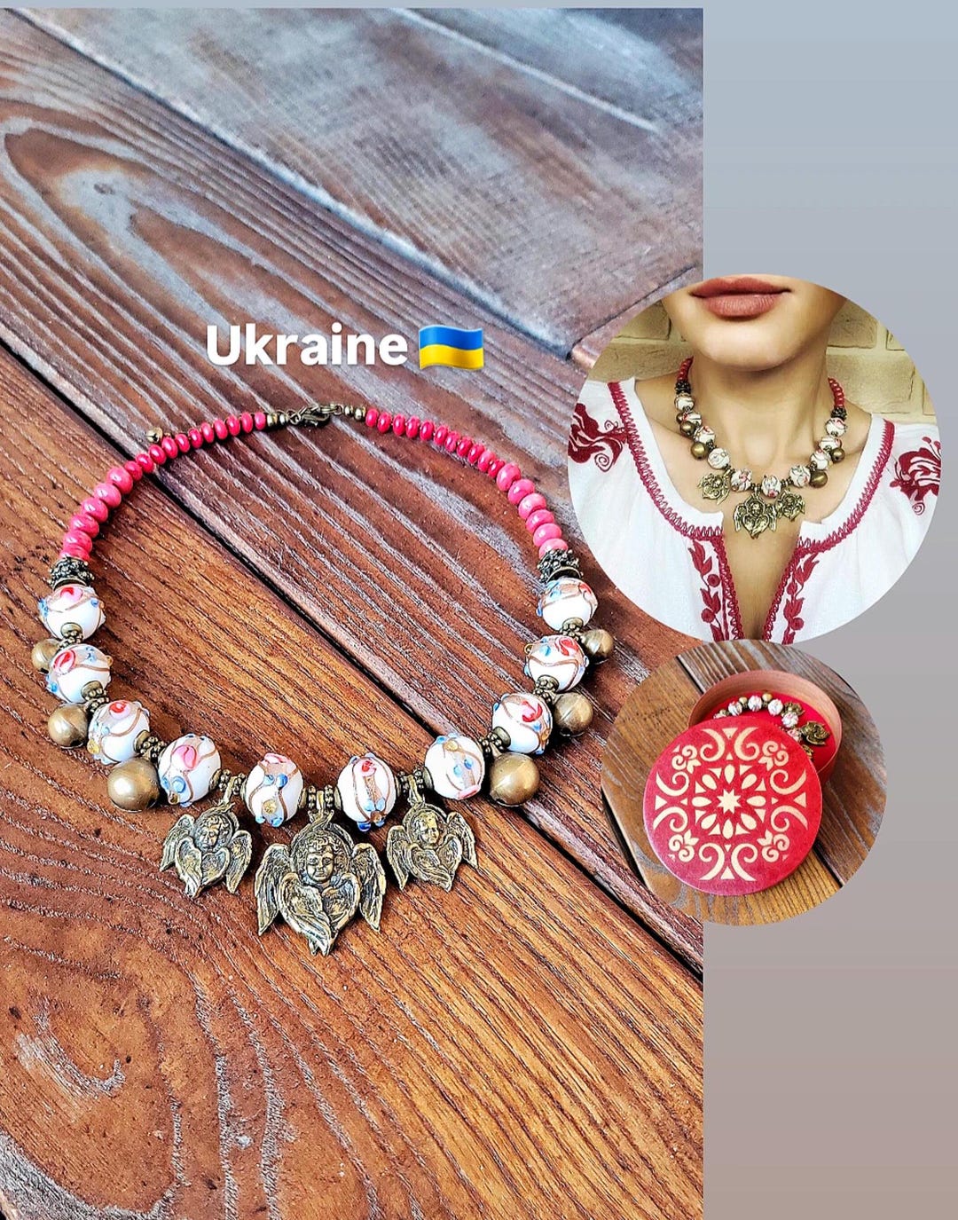 Ukrainian Necklace of Handmade Glass Beads Venetian Style and Coral ...