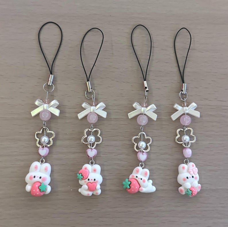 Cute and Aesthetic Pink Kawaii Strawberry Bunny Phone Charm - Etsy
