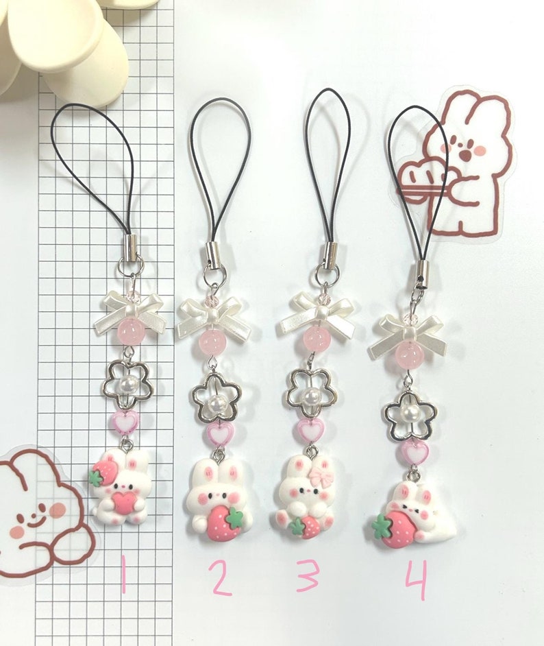 Cute and Aesthetic Pink Kawaii Strawberry Bunny Phone Charm - Etsy
