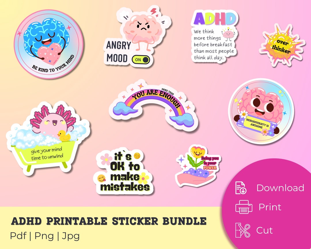 Printable ADHD Sticker Pack, 99 ADHD Digital Stickers, ADHD Planner Stickers, Mental Health ...