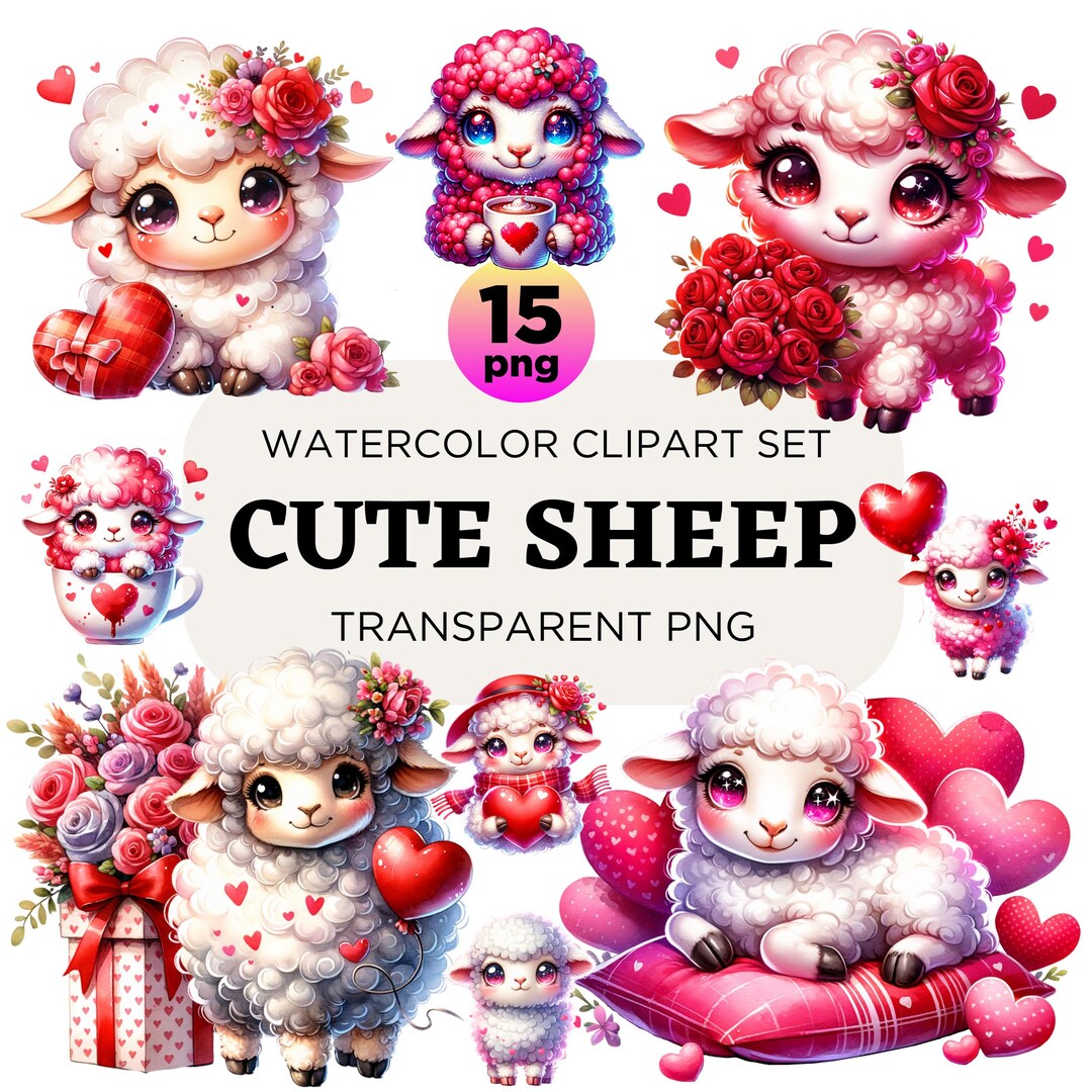 15 Watercolor Valentine Sheep Clipart Set, Valentines Day Animal ...
