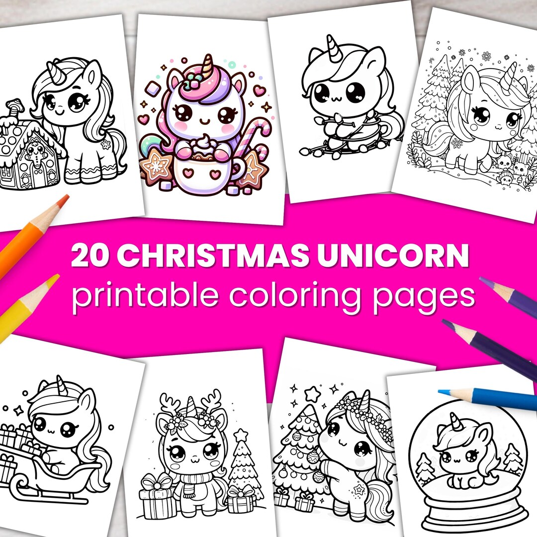 20 Christmas Unicorn Coloring Page, Downloadable PDF File, Cute Kawaii ...