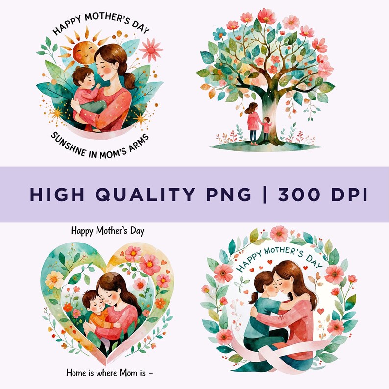 Watercolor Mom and Child Clipart Bundle: Spring Floral PNG (digital ...