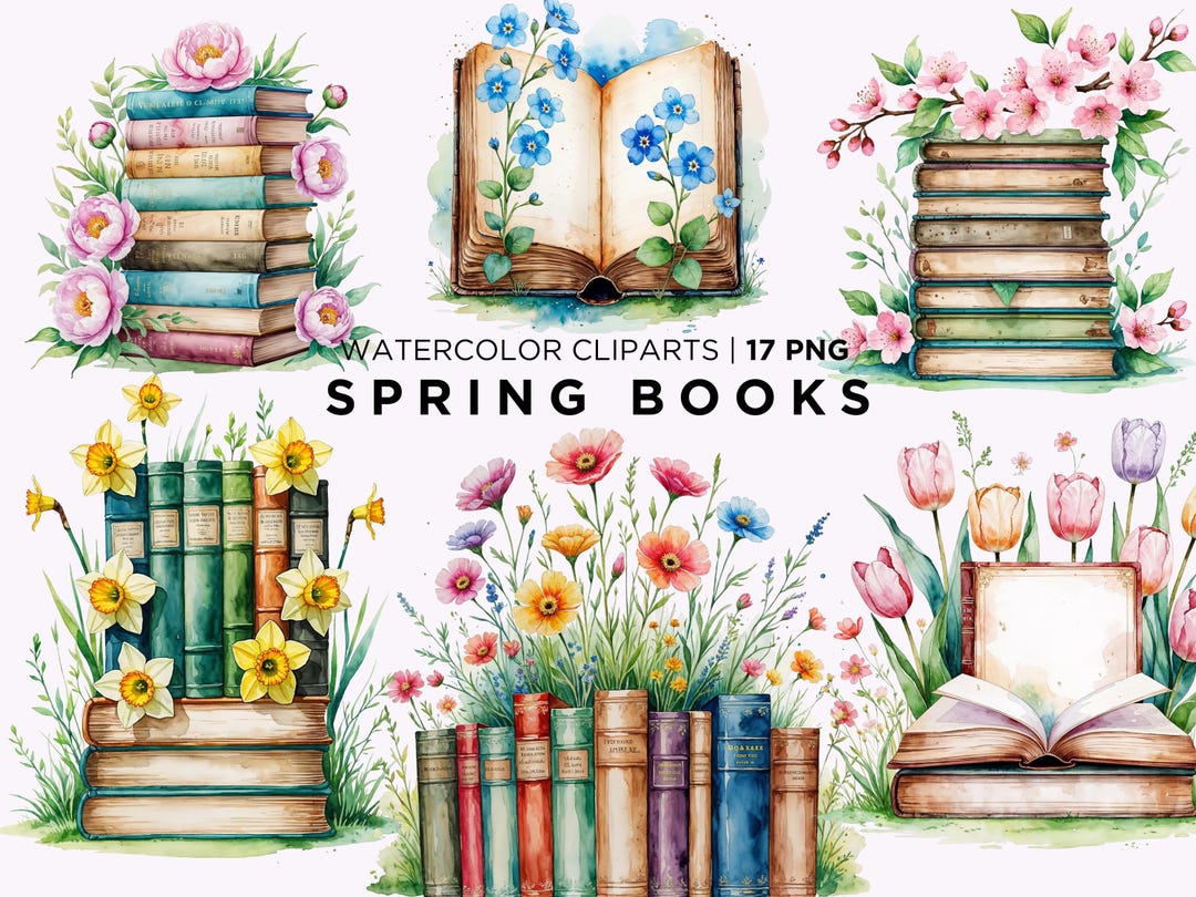 Watercolor Spring Books Clipart PNG, Floral Vintage Bookstack Digital ...