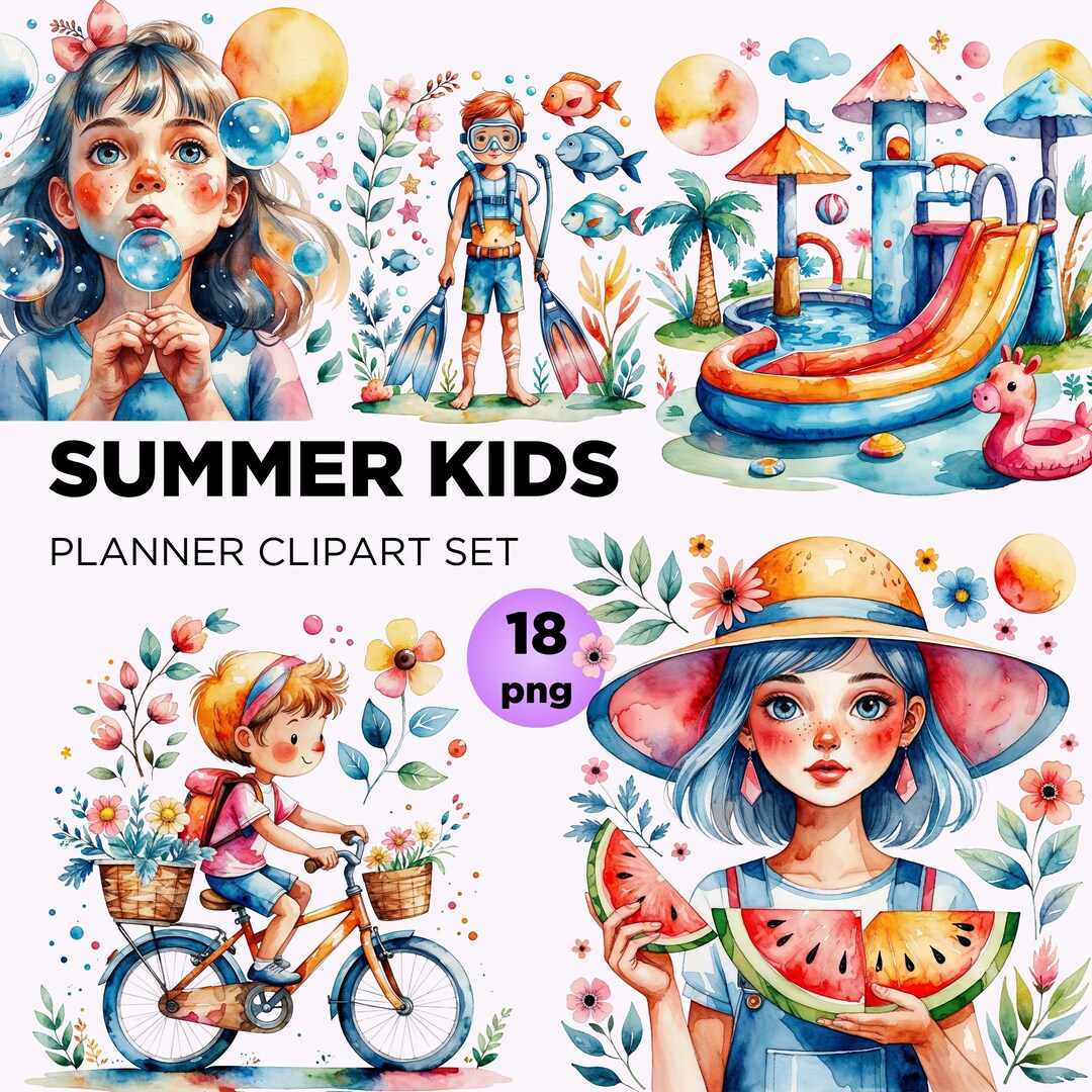 Summer Kids Clipart Bundle, Watercolor Tropical Art PNG for Kids Pool ...