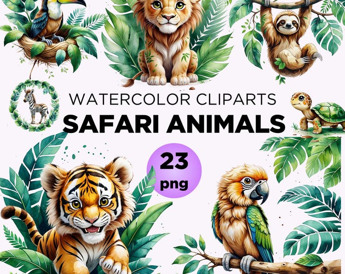 Watercolor African Animals Clipart, Safari Baby Lion, Cute Giraffe ...
