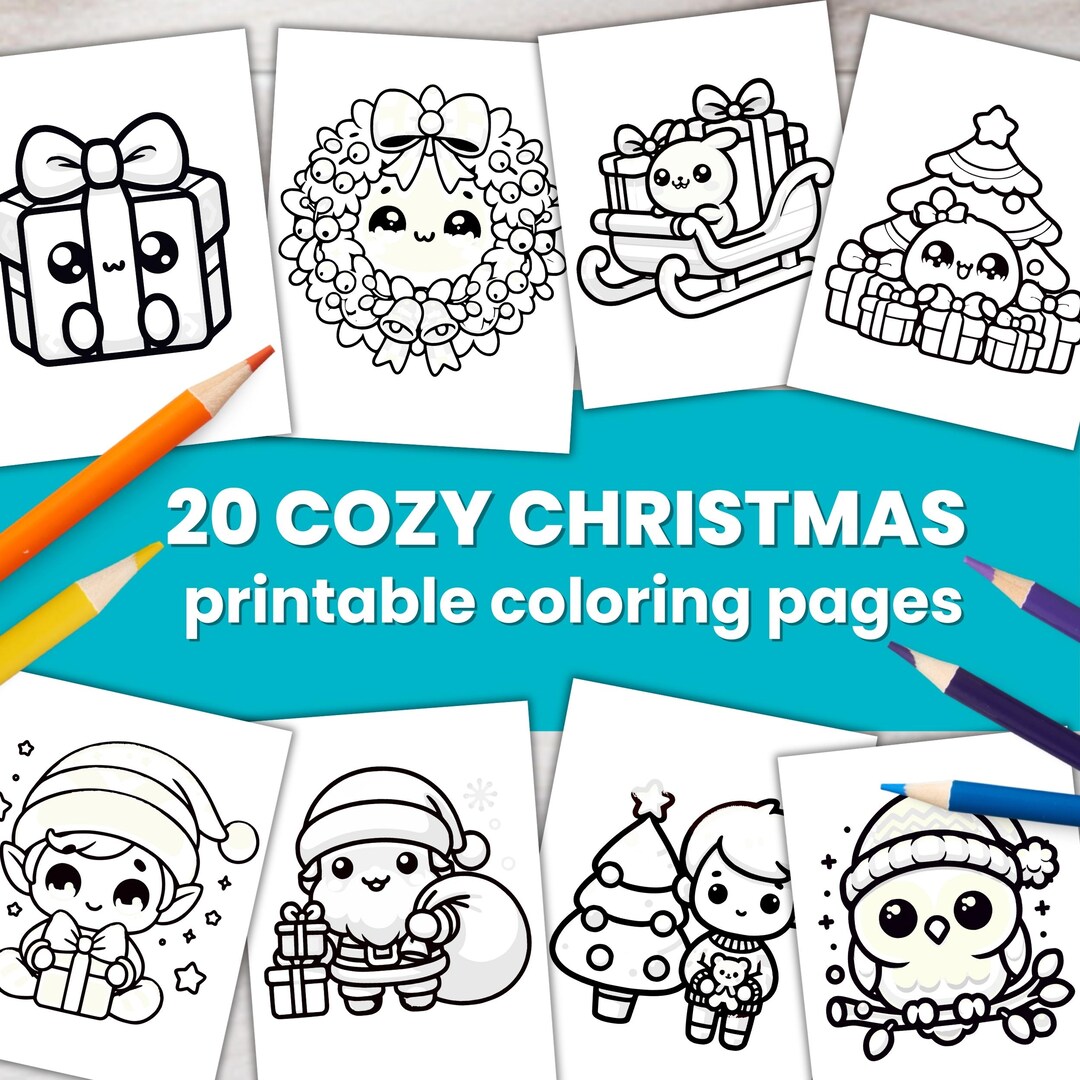 20 Christmas Coloring Pages, Kawaii Cozy Cute Mini Coloring Book for ...