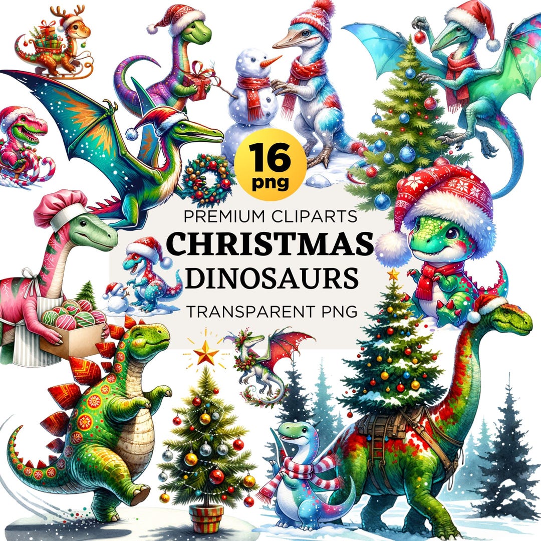 Watercolor Christmas Dinosaur Clipart: Santa Hat Dino PNG (digital ...