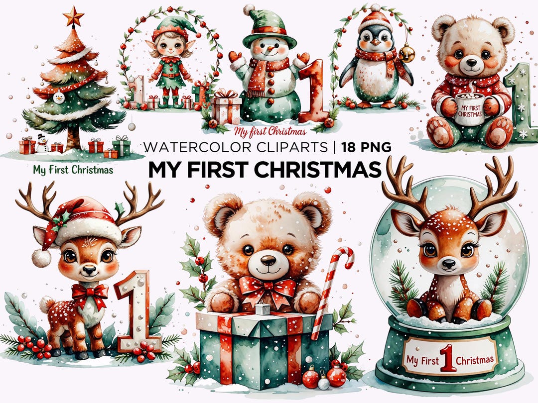 My First Christmas Clipart | Baby’s 1st Christmas PNG | Watercolor ...