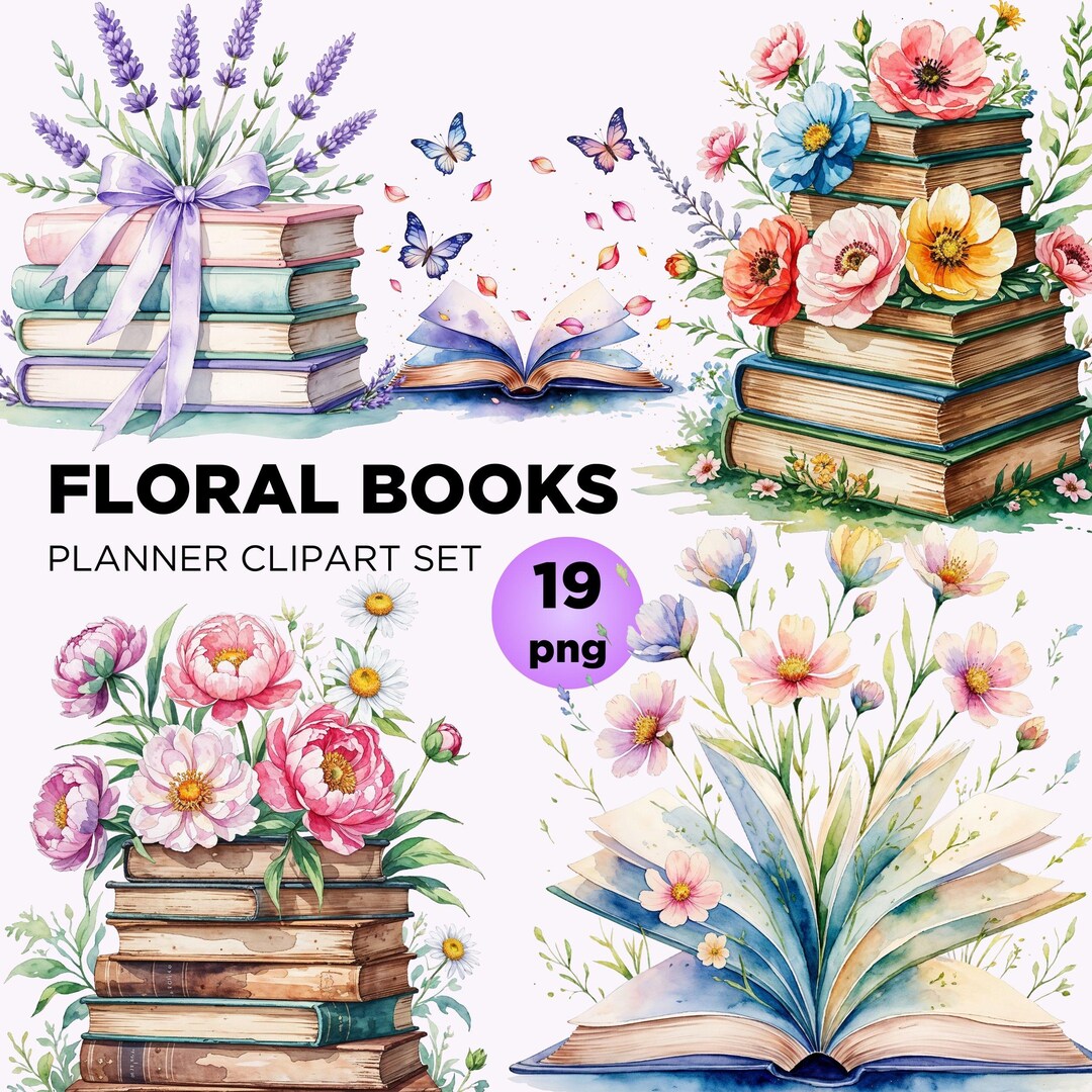 Floral Book Clipart Pack for Scrapbook Craft, Watercolor Springtime Open Book Lover Clipart ...
