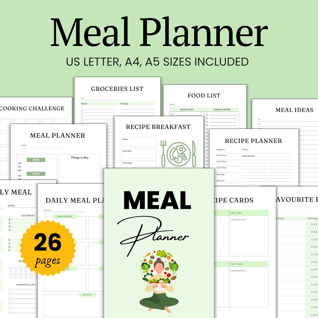 Weekly Meal Planner Printable: Grocery List, Recipe Cards (PDF Download ...