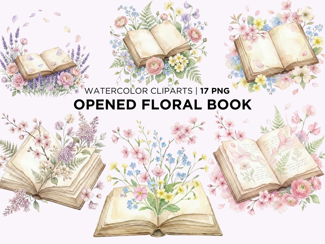 Watercolor Open Floral Book Clipart PNG, Whimsical Spring Bookstack ...