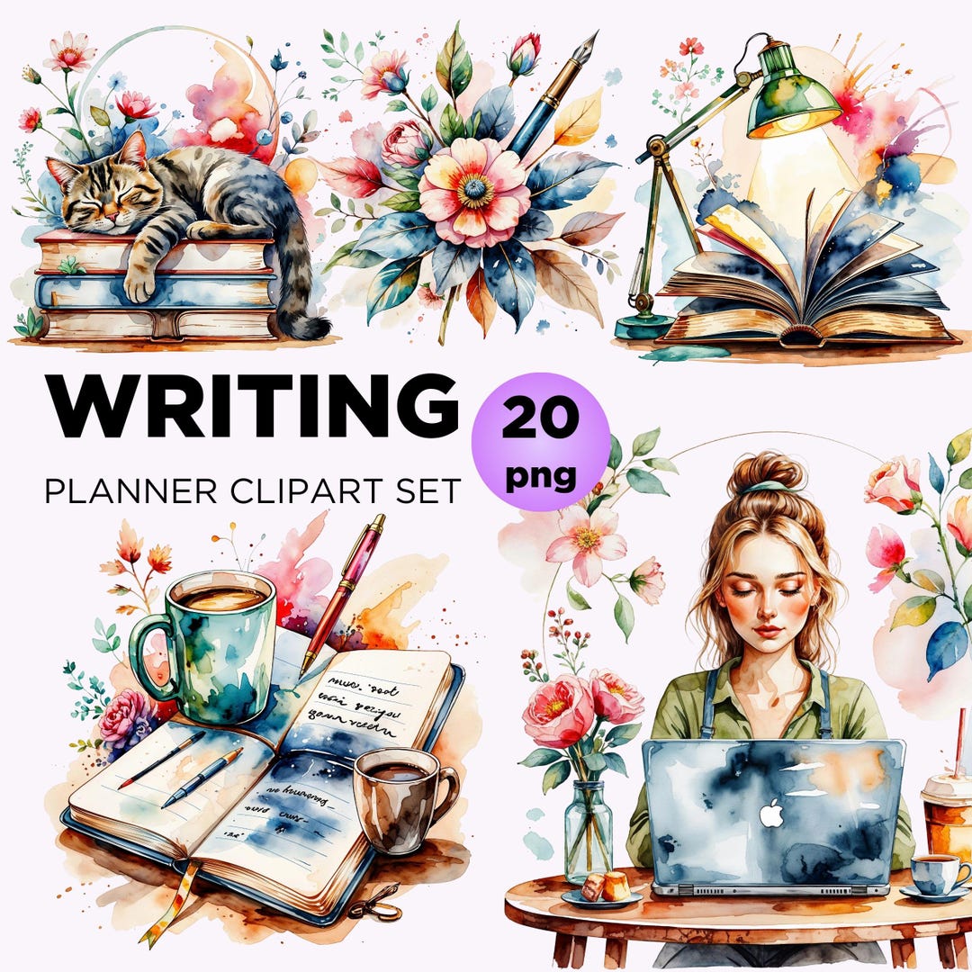 Watercolor Writer Clipart Bundle: Typewriters, Books, Desks (PNG) - Etsy