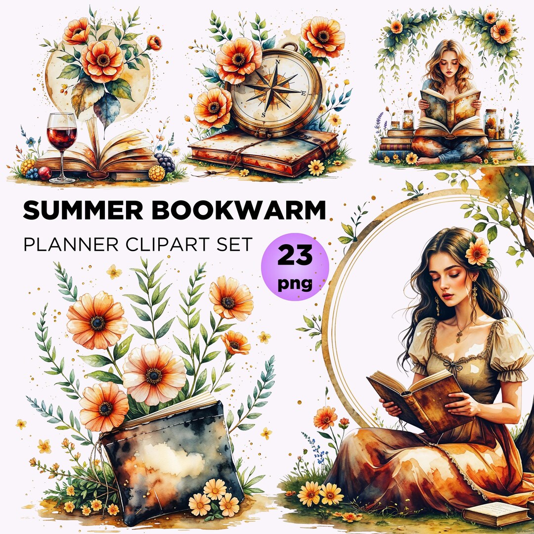 Summer Bookworm Clipart Set, Girl Reading PNG for Literary Craft ...