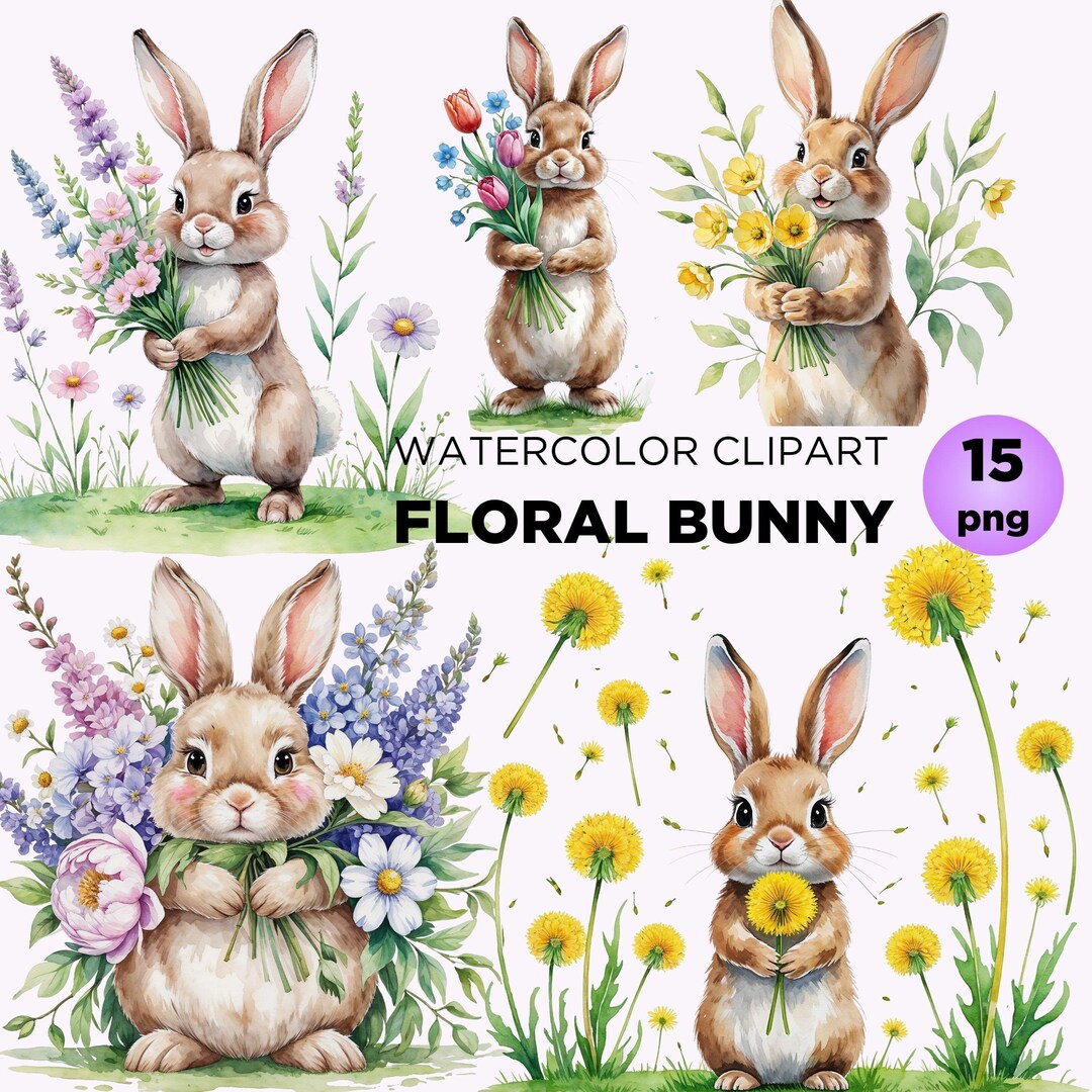 Floral Bunny Clipart Set: Spring Flowers, Scrapbook Graphics (PNG) - Etsy