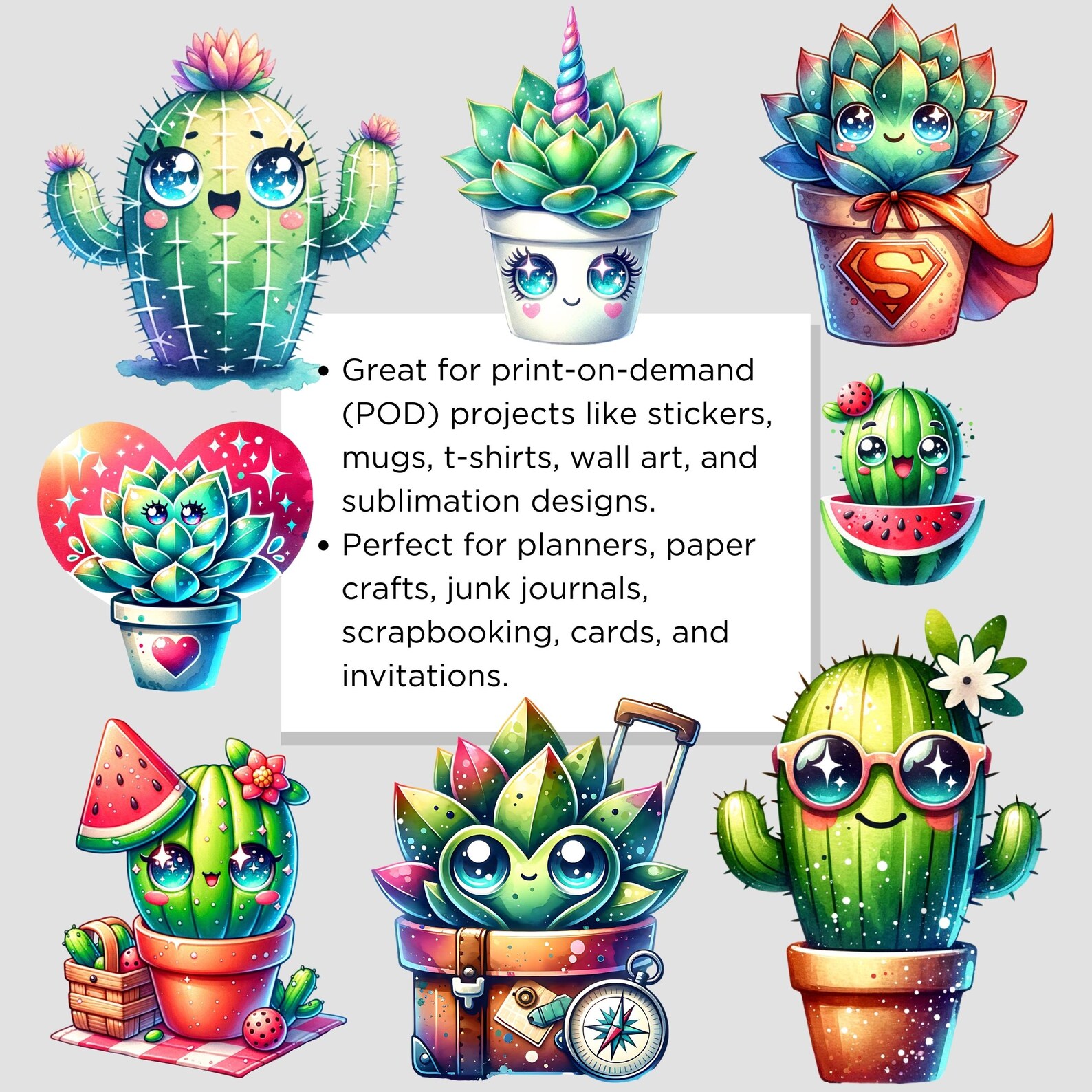 Kawaii Cactus Clipart, Succulent PNG, Planner Graphics (digital ...