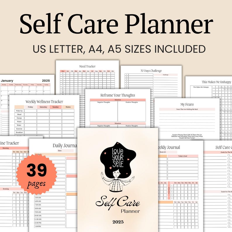Self-care Planner Printable, Selfcare Journal Tracker, Wellness Planner ...