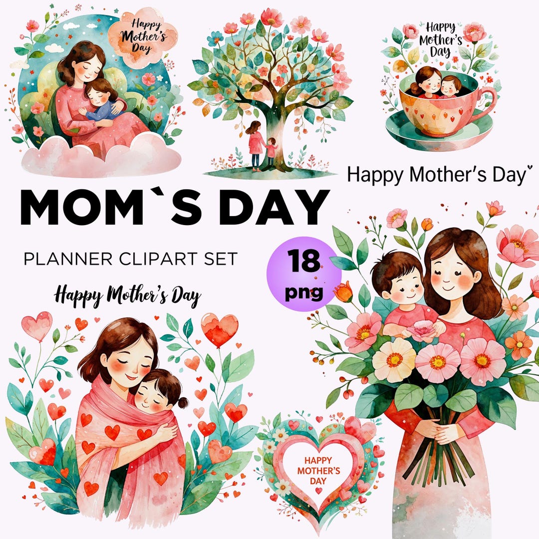 Watercolor Mom and Child Clipart Bundle: Spring Floral PNG (digital ...