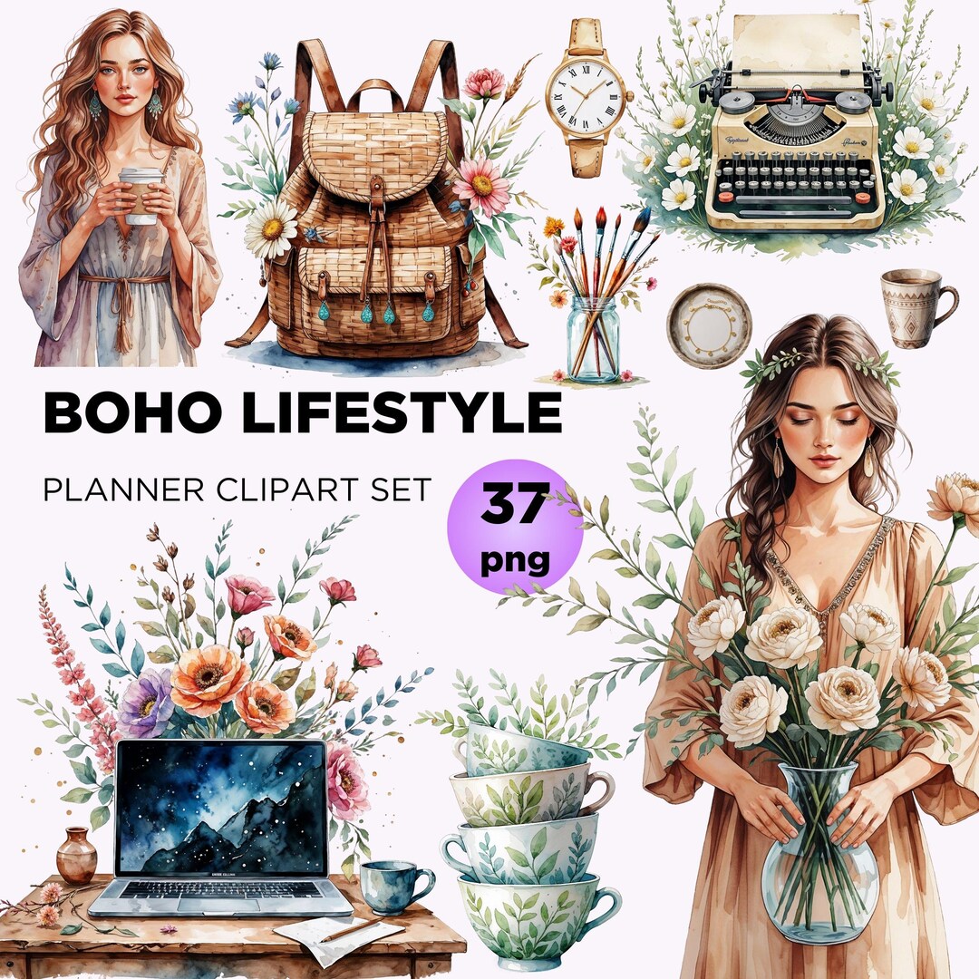 Boho Lifestyle Clipart Bundle: Watercolor Flower Elements (37 PNG) - Etsy