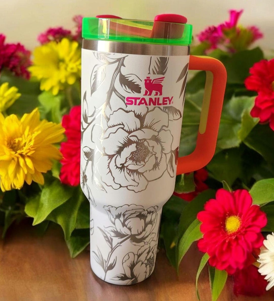 Peonies STANLEY | White Tumbler Laser Engraved With Handle & Straw 40oz ...