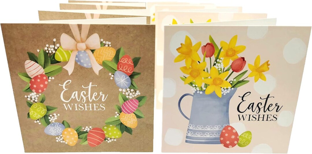 8 Easter Cards With Envelopes - Spring Flowers and Easter Wreath Design ...