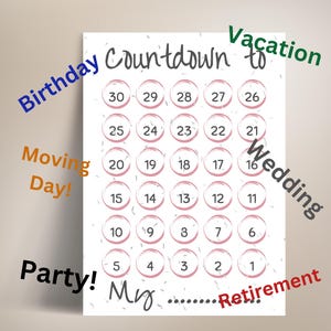30 Day Countdown Printable, A4 Instant Download, Daily Countdown to Parties, Celebrations ...