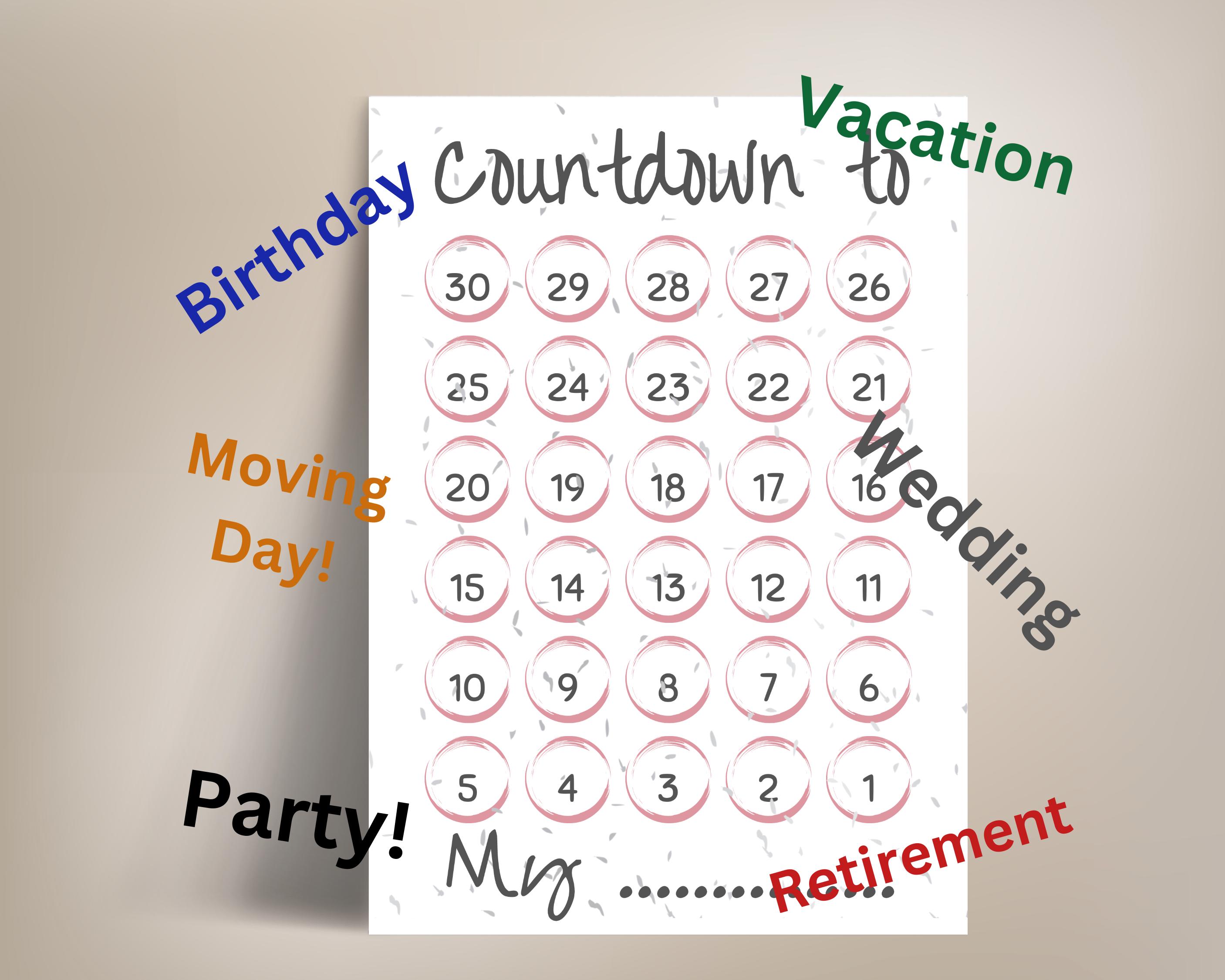 30 Day Countdown Printable, A4 Instant Download, Daily Countdown to ...