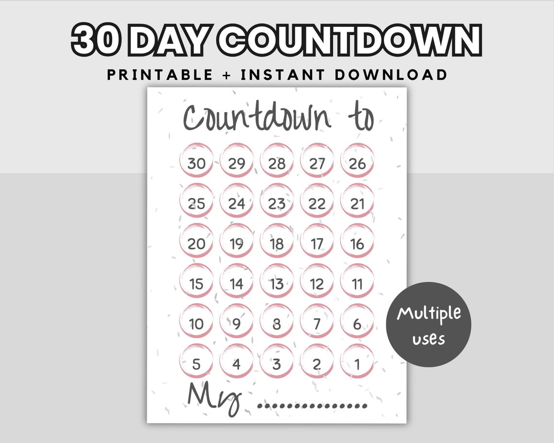 30 Day Countdown Printable, A4 Instant Download, Daily Countdown to ...