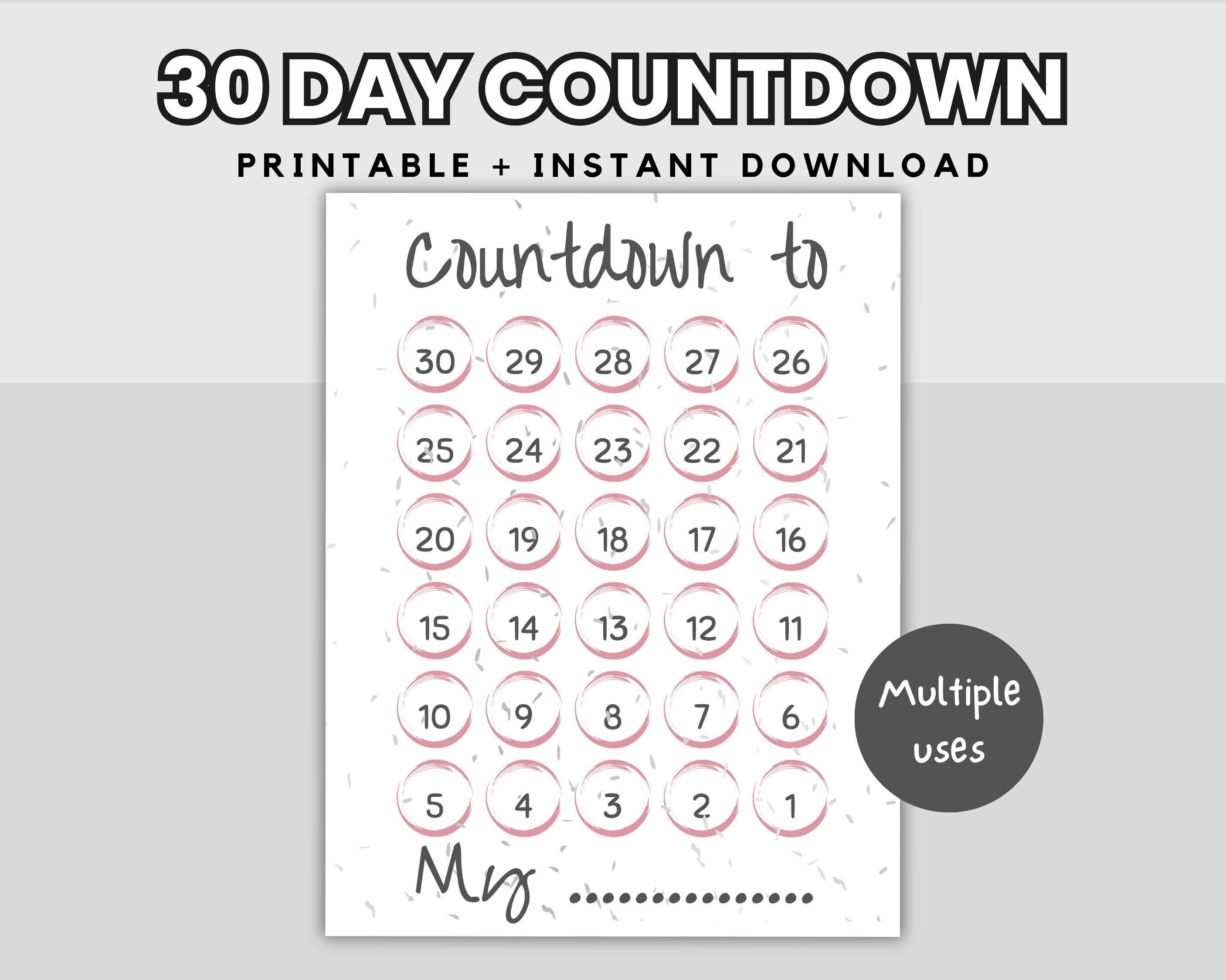 30 Day Countdown Printable, A4 Instant Download, Daily Countdown to ...