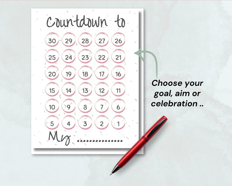 30 Day Countdown Printable, A4 Instant Download, Daily Countdown to ...