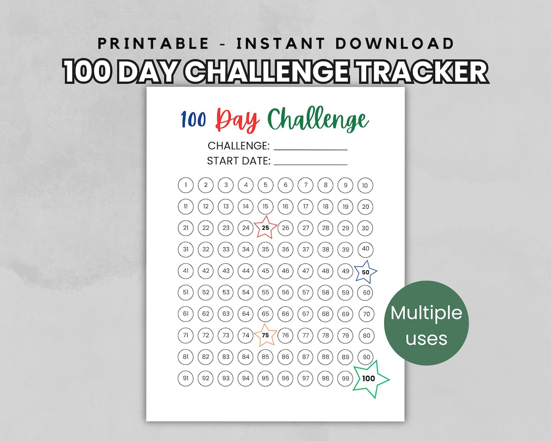 100 Day Challenge Printable Tracker, Track Goals, Habits, Fitness ...