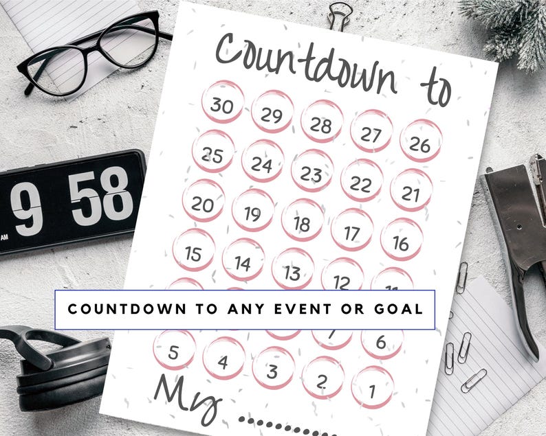 30 Day Countdown Printable, A4 Instant Download, Daily Countdown to Parties, Celebrations ...
