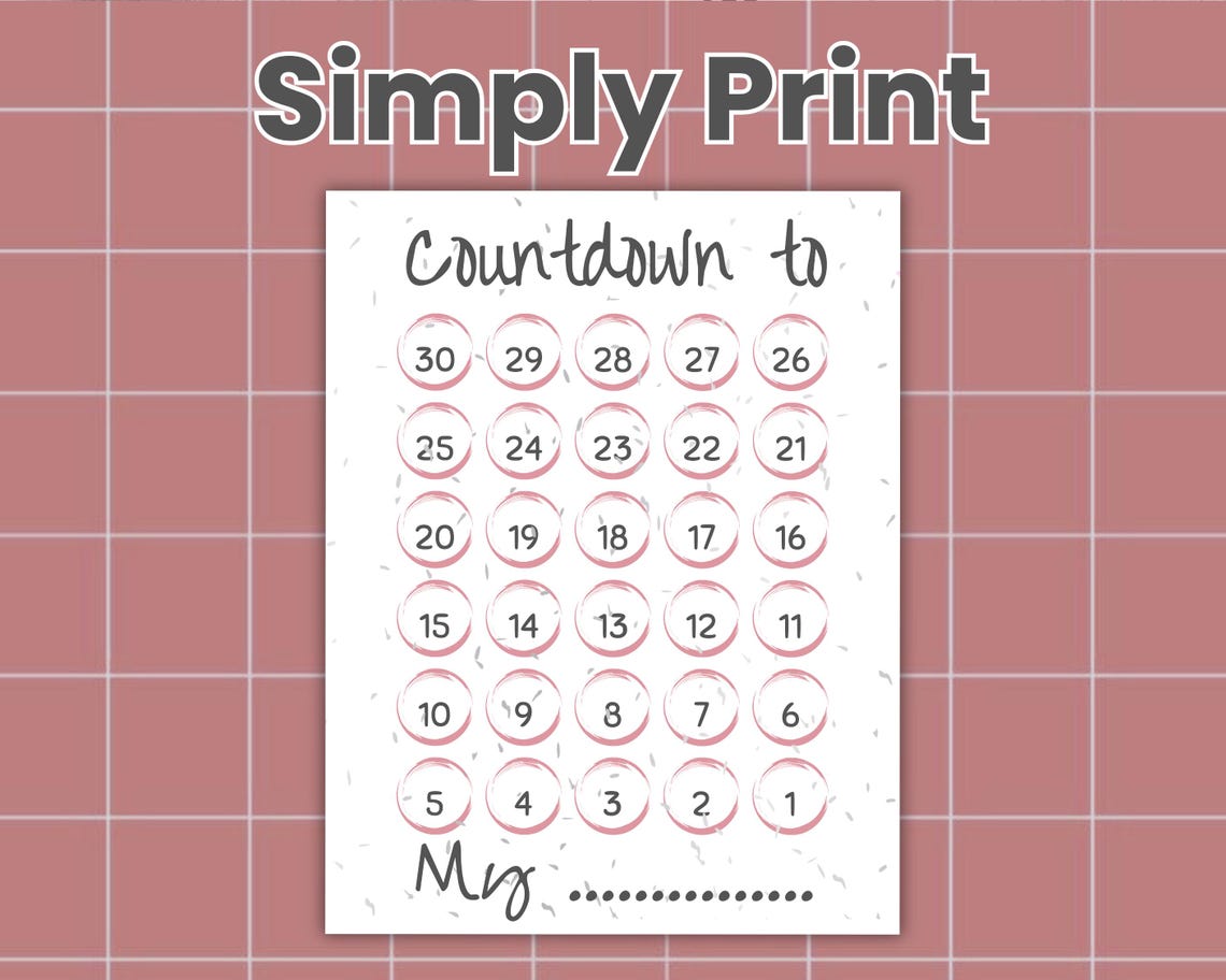 30 Day Countdown Printable, A4 Instant Download, Daily Countdown to ...