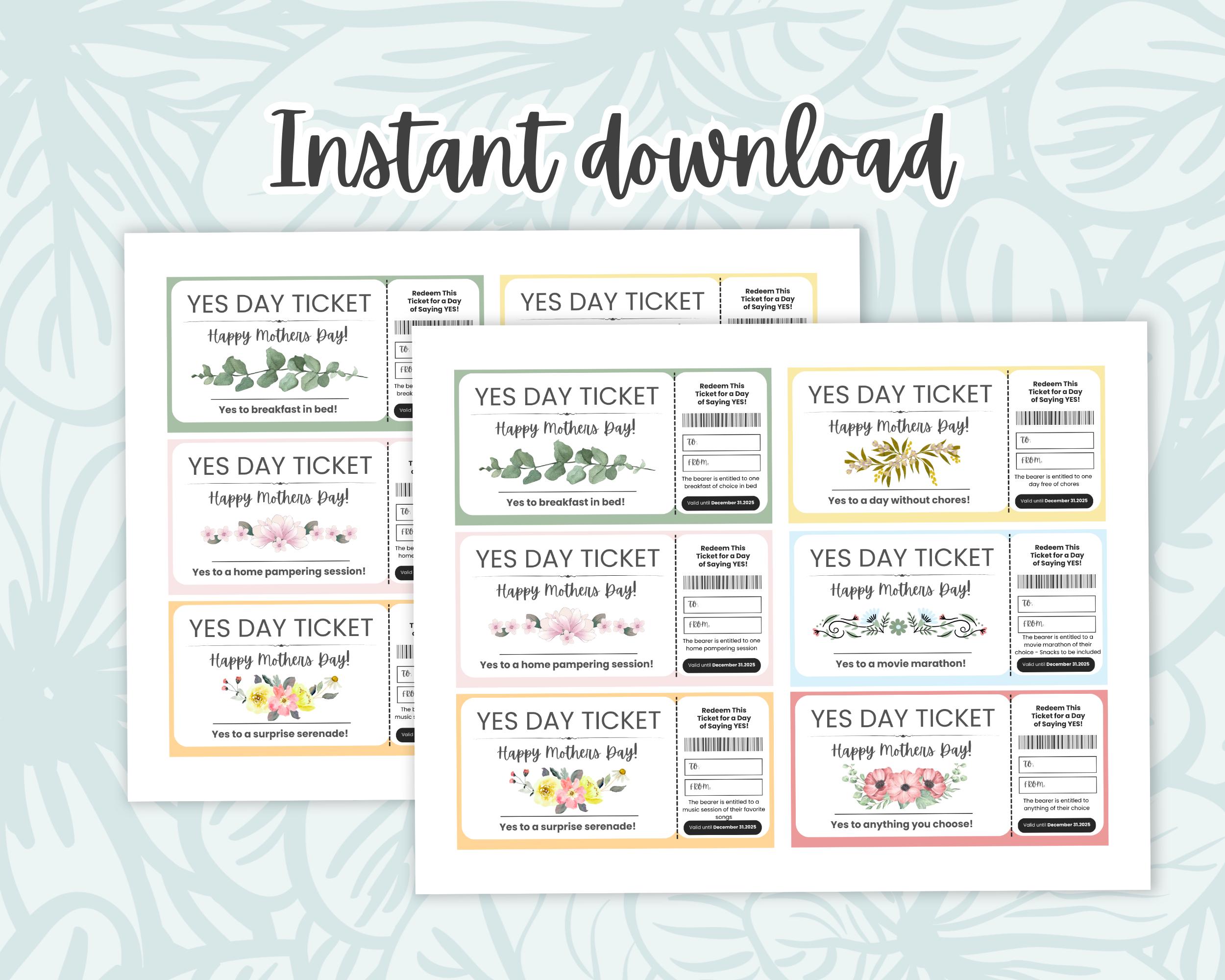 Mothers Day Printable Yes Day Tickets, Treat Mum Coupons, Special Mom ...