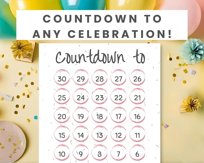 30 Day Countdown Printable, A4 Instant Download, Daily Countdown to ...