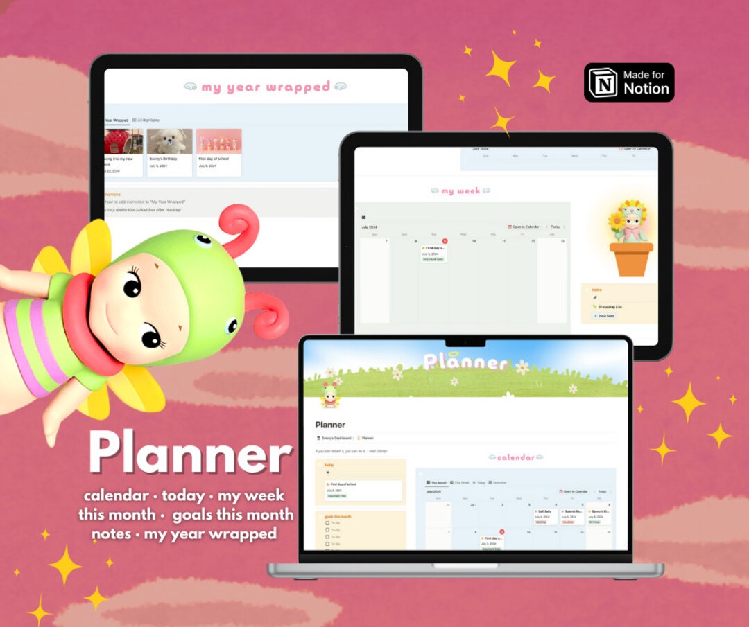 Aesthetic Notion Template Cute Sonny Angel Calendar Digital Notion ...