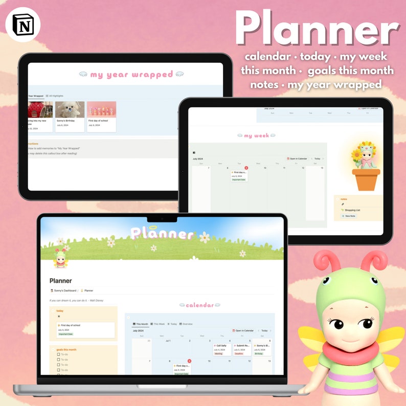 Aesthetic Notion Template Cute Sonny Angel Calendar Gamified Digital Notion Planner Schedule for ...